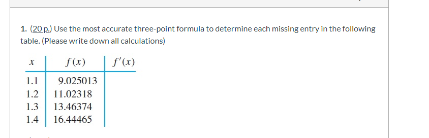 Solved 1. (20 p.) Use the most accurate three-point formula | Chegg.com