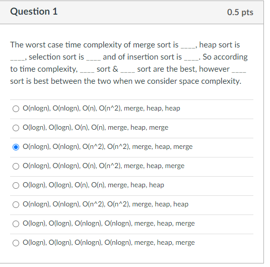 Solved Question 1 0.5 pts The worst case time complexity of | Chegg.com