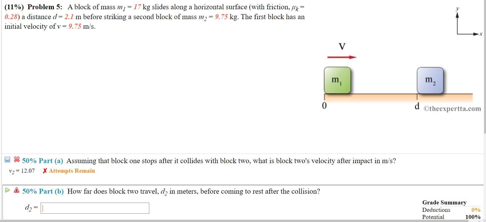 Solved (11%) Problem 5: A block of mass mi 17 kg slides | Chegg.com