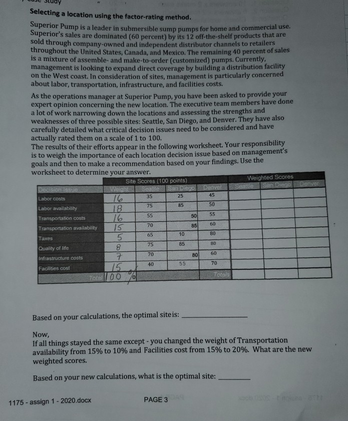 Solved use Suay Selecting a location using the factor-rating | Chegg.com