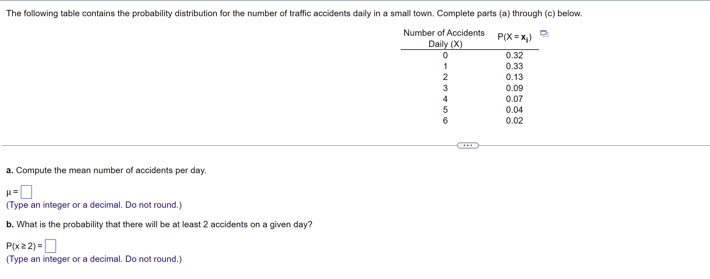 Solved a. Compute the mean number of accidents per day. μ= | Chegg.com
