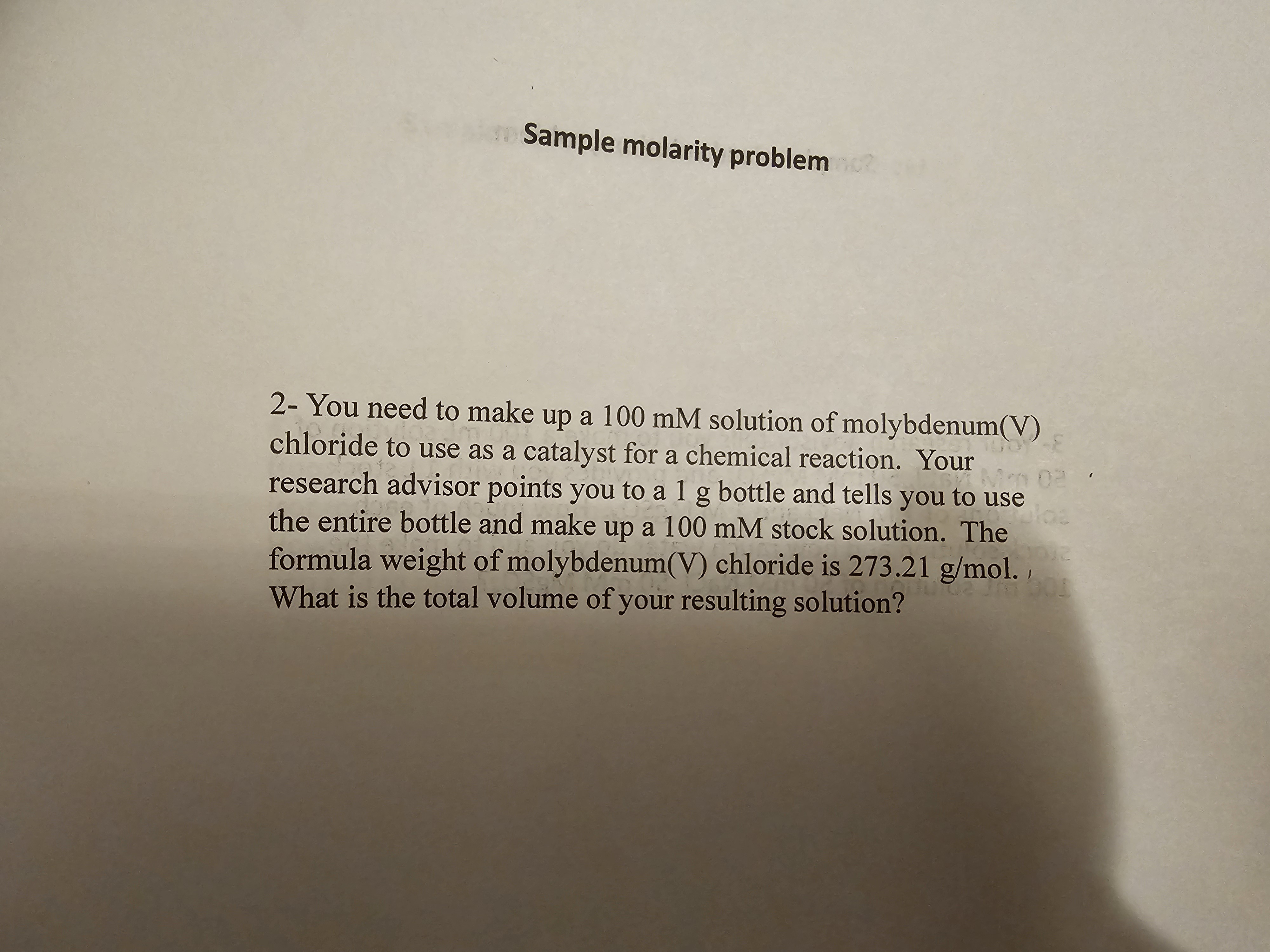 Solved Sample molarity problem2- ﻿You need to make up a | Chegg.com