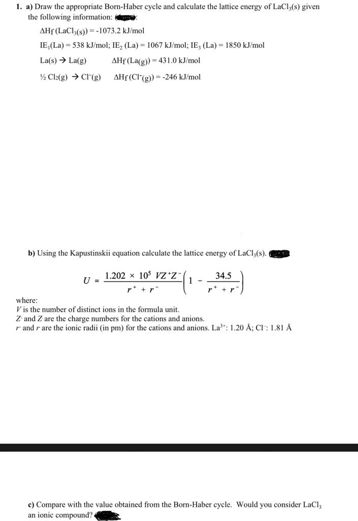 Solved 1. a) Draw the appropriate Born-Haber cycle and | Chegg.com