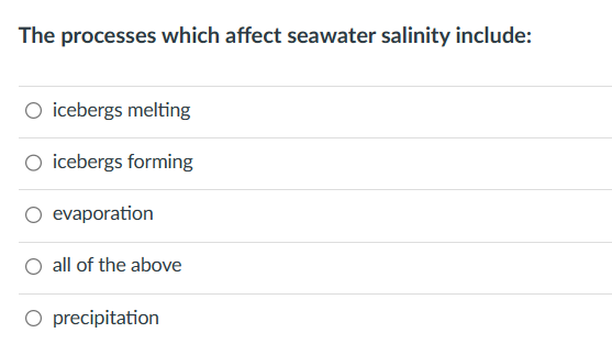 Solved The processes which affect seawater salinity include: | Chegg.com