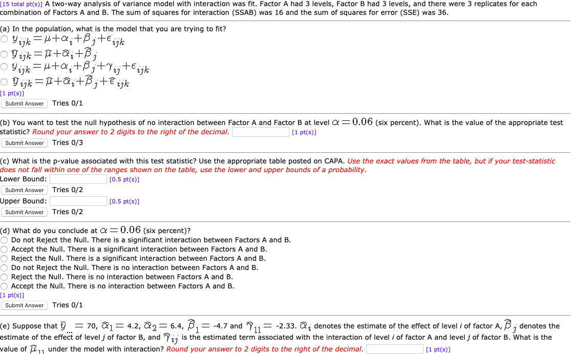 Solved (15 total pt(s)] A two-way analysis of variance model | Chegg.com