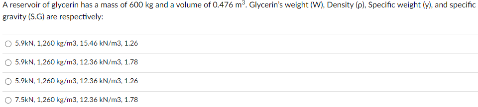 Solved A reservoir of glycerin has a mass of 600 kg and a | Chegg.com