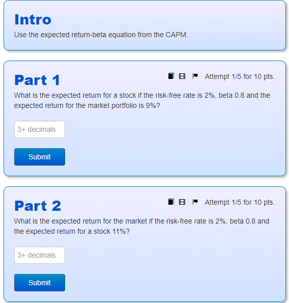 Solved Intro Use the expected return-beta equation from the | Chegg.com