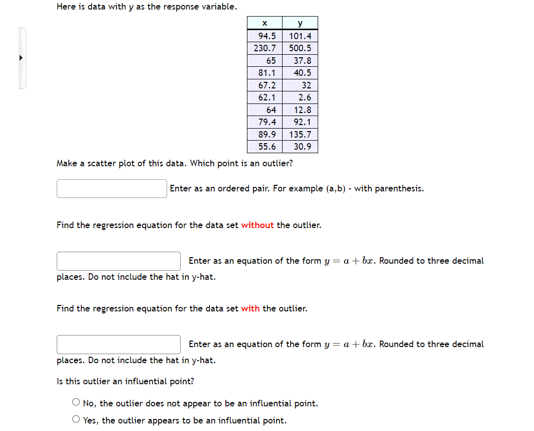 Solved Here is data with y as the response variable. Make a | Chegg.com