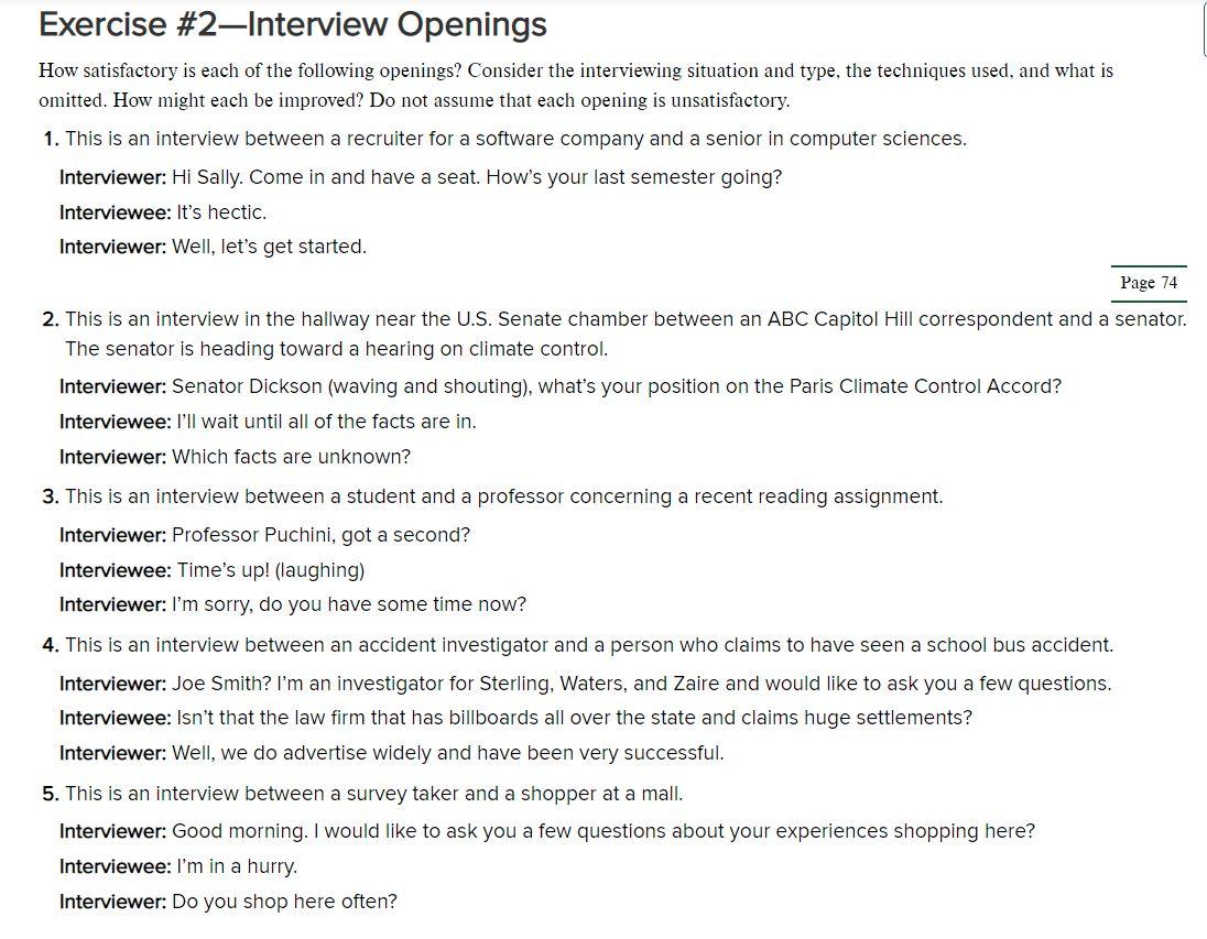 Solved Exercise #2–Interview Openings How satisfactory is | Chegg.com