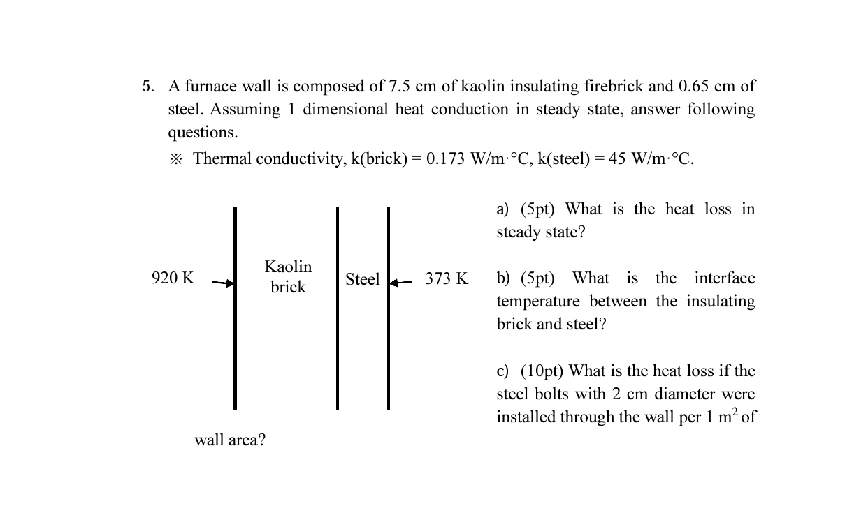Solved 5. A furnace wall is composed of 7.5 cm of kaolin | Chegg.com
