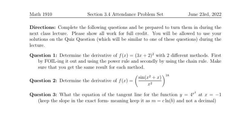 Solved Directions: Complete the following questions and be | Chegg.com