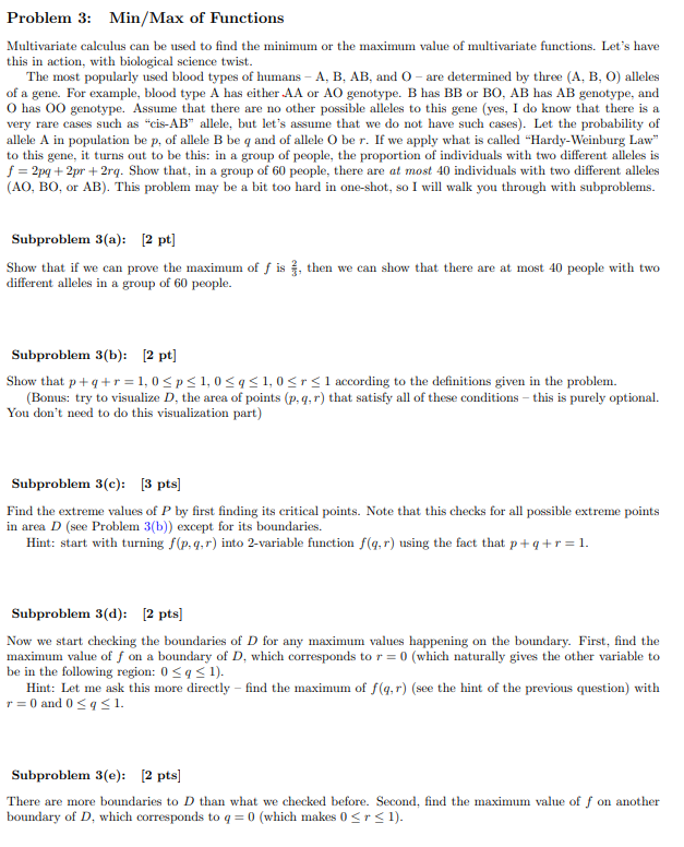 Solved Problem 3: Min/Max of Functions Multivariate calculus | Chegg.com