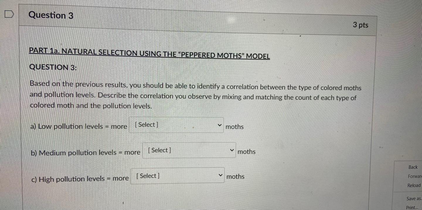 Solved Question 3 3 pts PART 1a. NATURAL SELECTION USING THE | Chegg.com