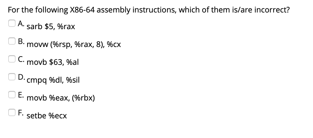 Solved For the following X86-64 assembly instructions, which | Chegg.com