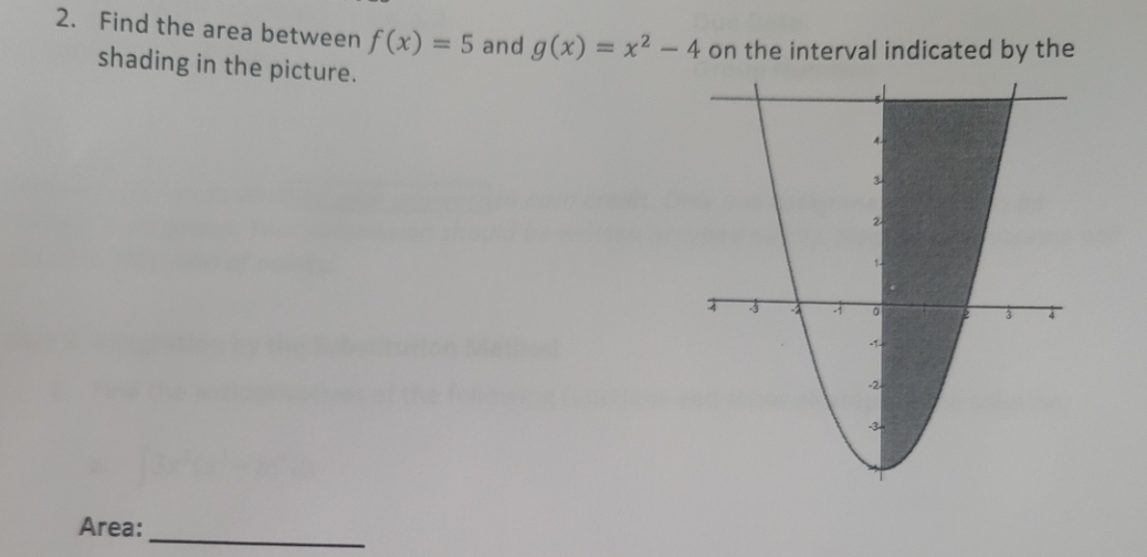 Solved Find the area between f(x)=5 ﻿and g(x)=x2-4 ﻿on the | Chegg.com