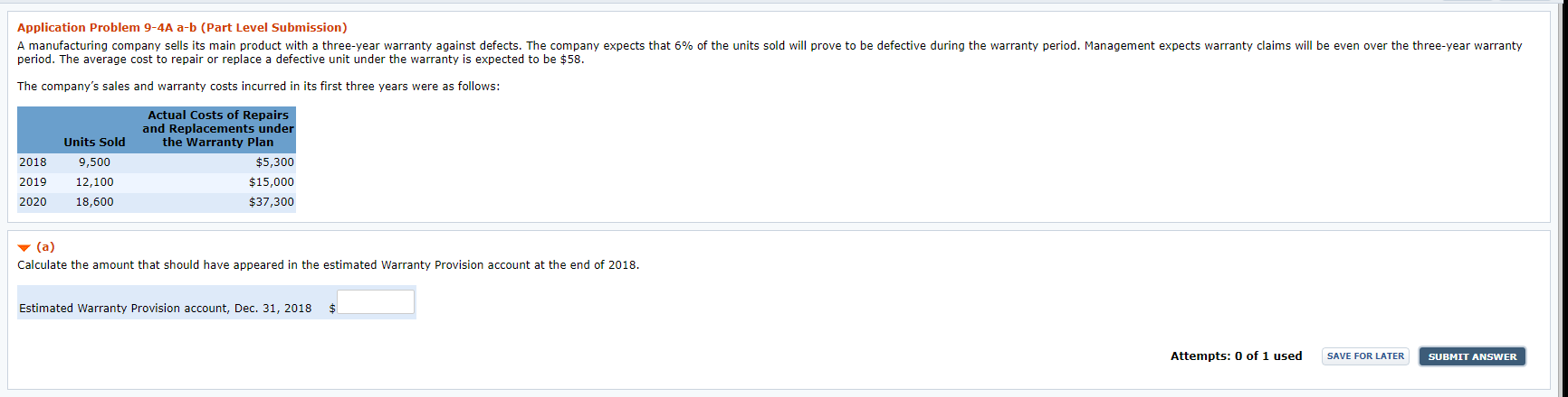 Solved Application Problem 9-4A a-b (Part Level Submission) | Chegg.com