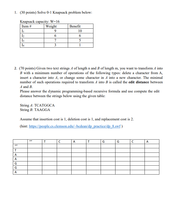 Solved 1. (30 points) Solve 0-1 Knapsack problem below: 9 | Chegg.com