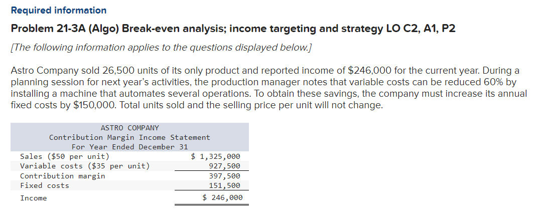 Solved Problem 21-3A (Algo) Break-even analysis; income | Chegg.com