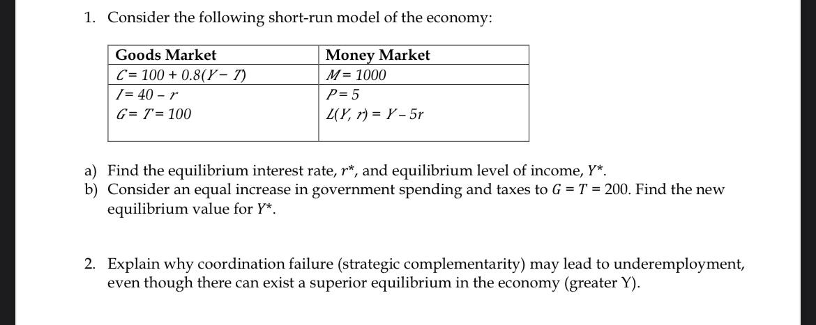 Solved 1. Consider the following short-run model of the | Chegg.com