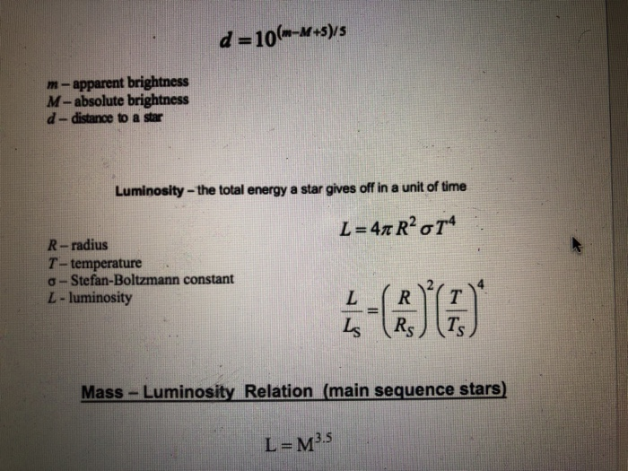 Solved d = 10(m-M+5)/5 m- apparent brightness M- absolute | Chegg.com