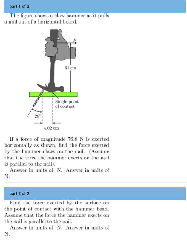 Solved The figure shows a claw hammer as it pulls a nail out | Chegg.com