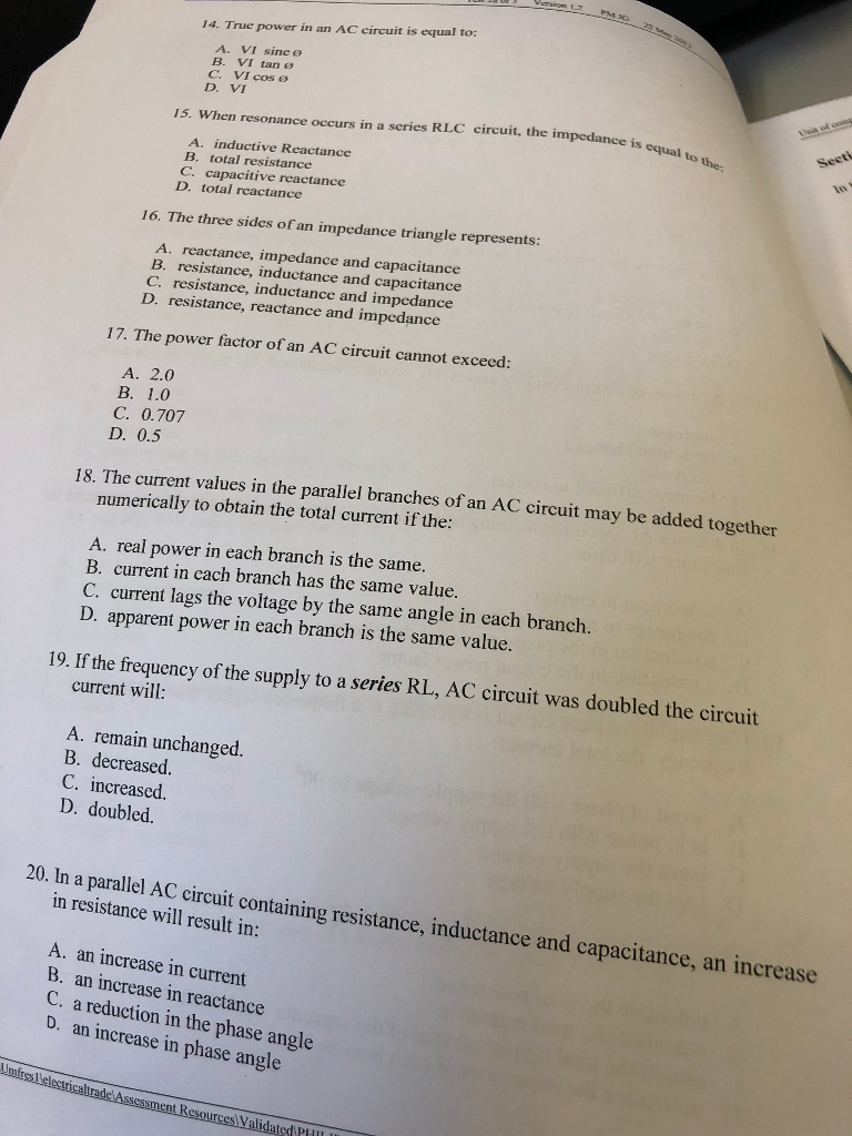 Solved Vesi IMI 14. True power in an AC circuit is equal to: | Chegg.com