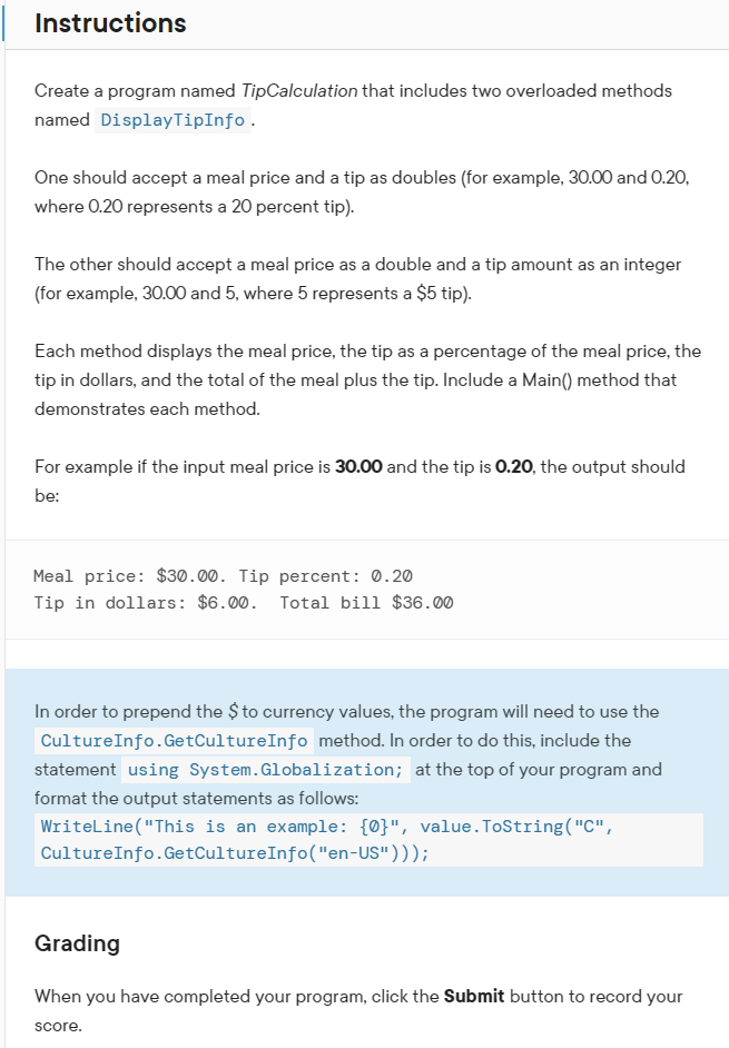 Solved Instructions Create a program named TipCalculation | Chegg.com