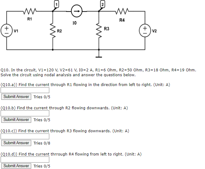 Solved Q10. In the circuit, V1=120 V, V2=61 V,I0=2 | Chegg.com