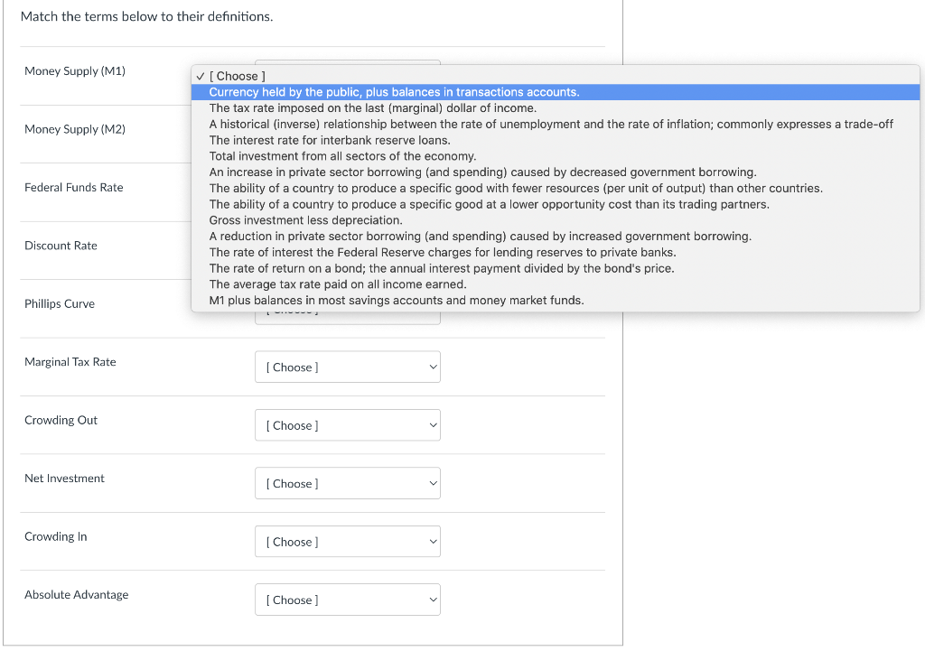 Solved Match the terms below to their definitions. Money | Chegg.com