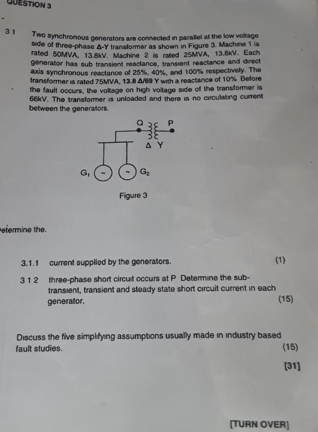 Solved UUESTION 3 31 wo synchronous generators are connected | Chegg.com