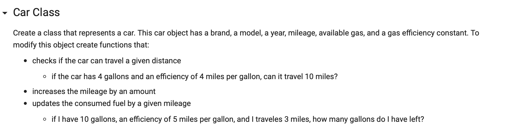Solved Car Class Create a class that represents a car. This | Chegg.com