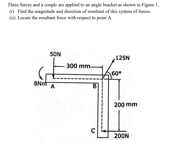 Solved Three forces and a couple are applied to an angle | Chegg.com