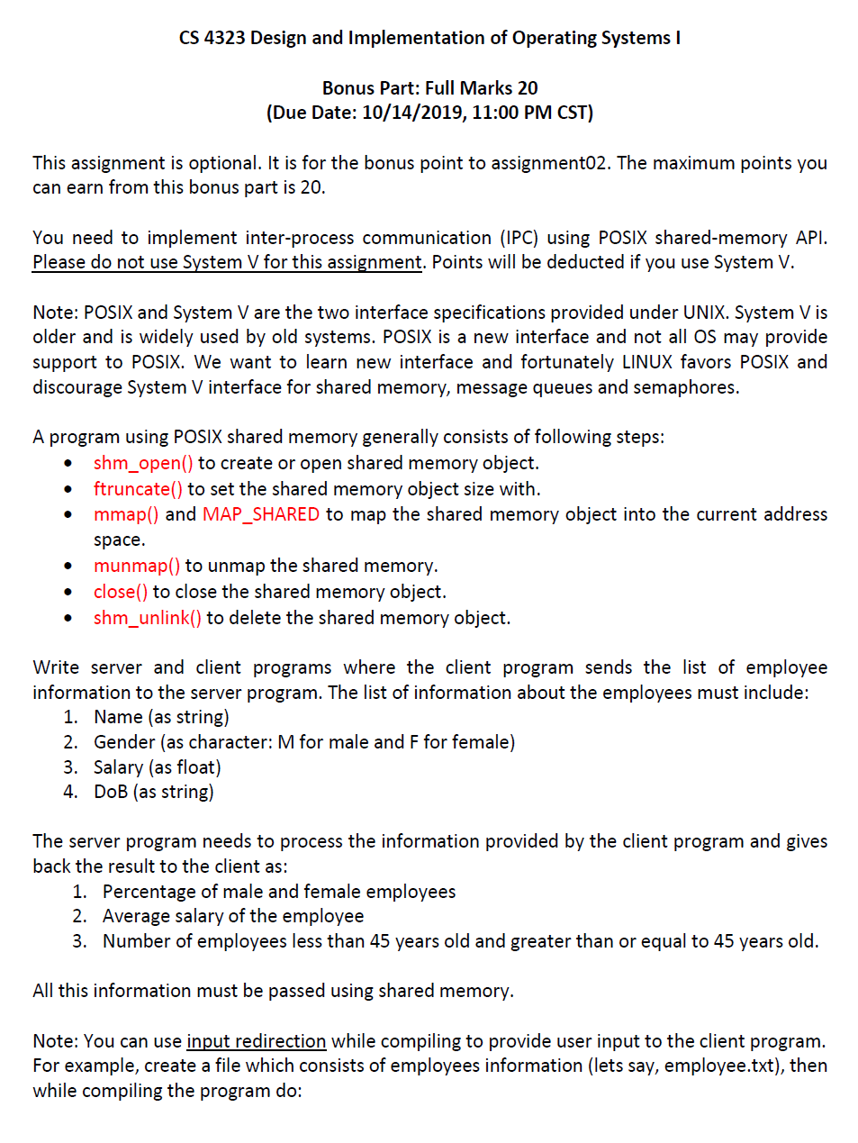CS 4323 Design and Implementation of Operating | Chegg.com