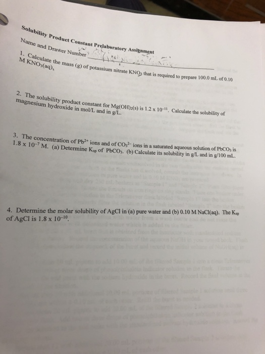 Solved Solubility ity Product Constant Prelaboratory | Chegg.com