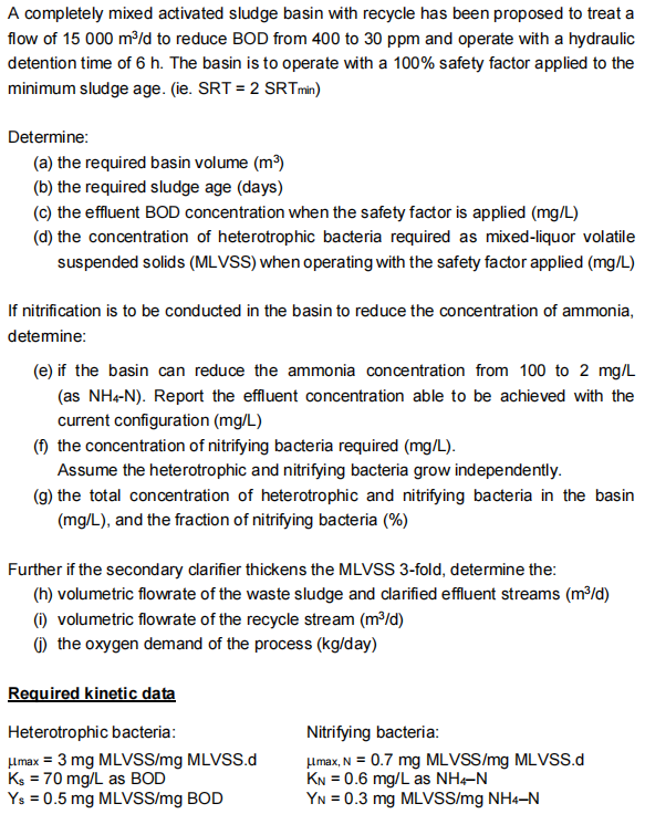 Solved A completely mixed activated sludge basin with | Chegg.com
