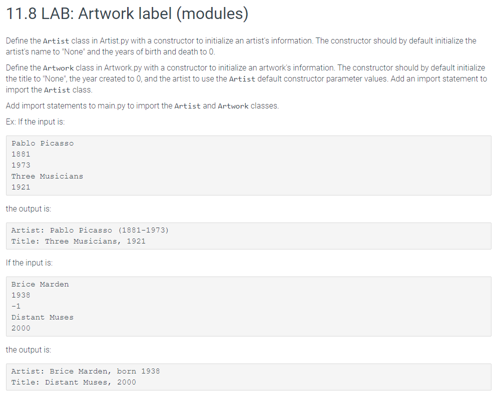 Solved 11.8 LAB: Artwork label (modules) Define the Artist | Chegg.com