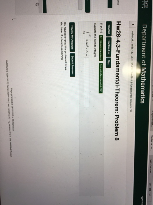 Solved Mail MTH 132 Department of Mathematics | Chegg.com