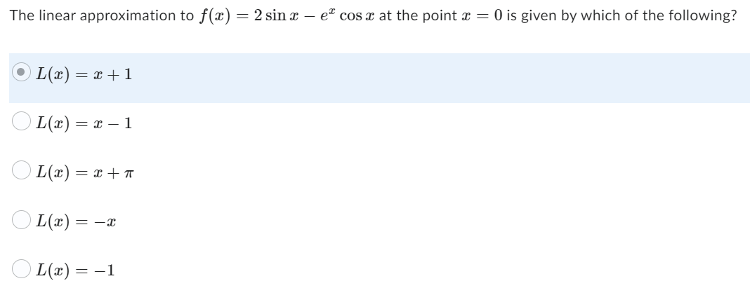 Solved The linear approximation to f(x)=2sinx−excosx at the | Chegg.com