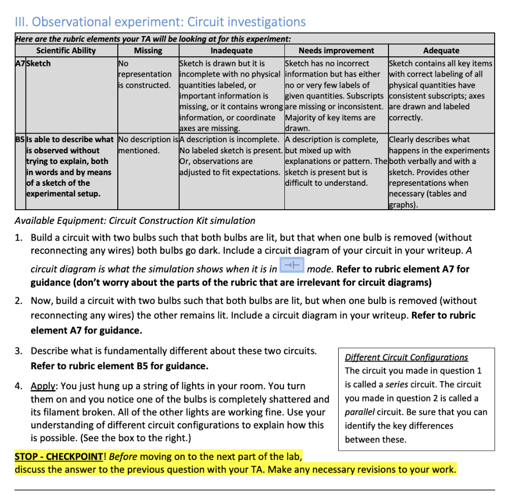 III. Observational experiment: Circuit investigations | Chegg.com