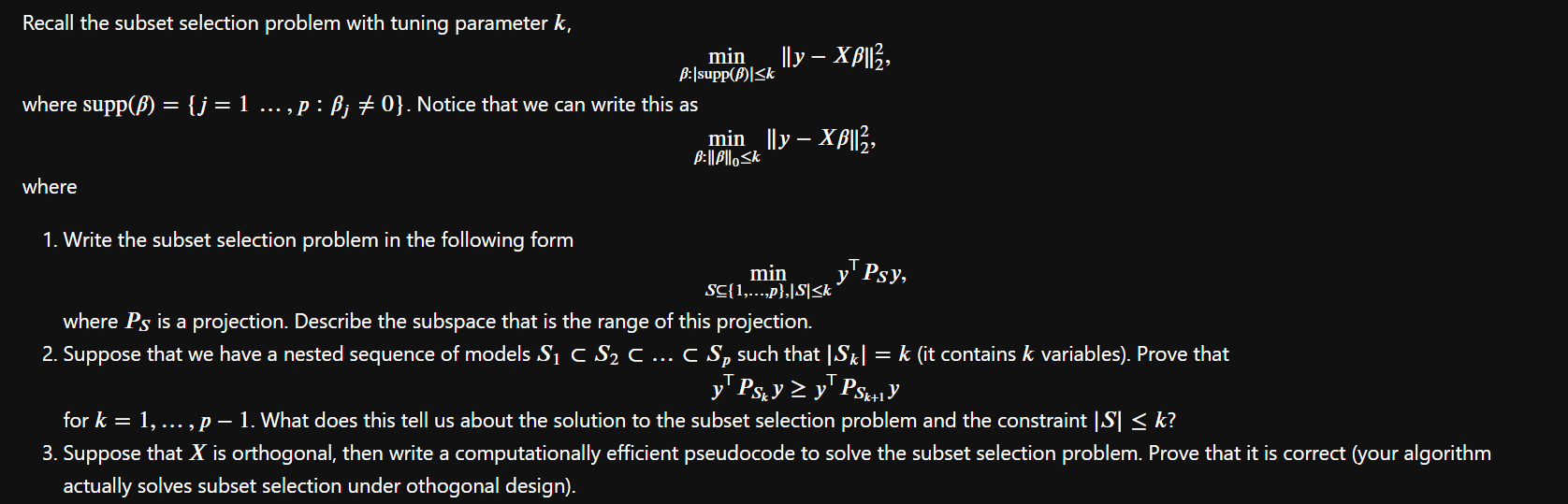 Recall the subset selection problem with tuning | Chegg.com