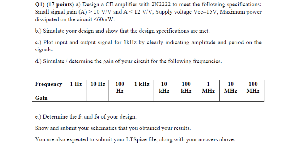 Solved Q1) (17 points) a) Design a CE amplifier with 2N2222 | Chegg.com