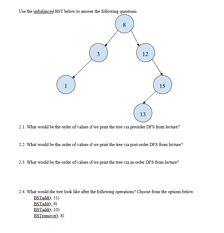 Solved Use the unbalanced BST below to answer the following | Chegg.com