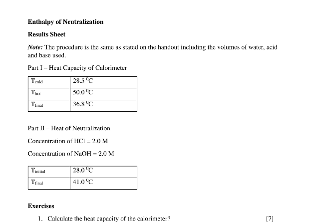 Solved Enthalpy of Neutralization Results Sheet Note: The | Chegg.com