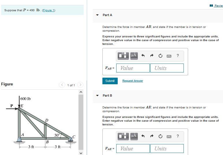 Solved A Revie Suppose that P = 490 lb. Figure 1) Part A | Chegg.com