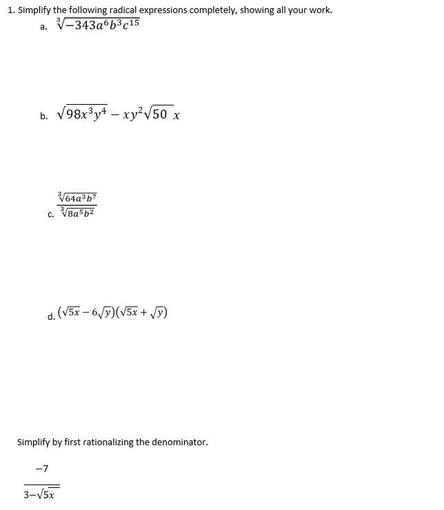 Solved 1. Simplify the following radical expressions | Chegg.com