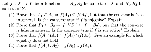 Solved Let f XY be a function, let A, A2 be subsets of X and | Chegg.com