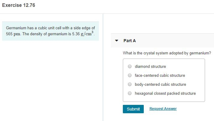 Solved Exercise 12.76 Germanium has a cubic unit cell with a | Chegg.com