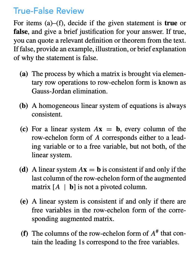 Solved True-False Review For items (a)-(f), decide if the | Chegg.com
