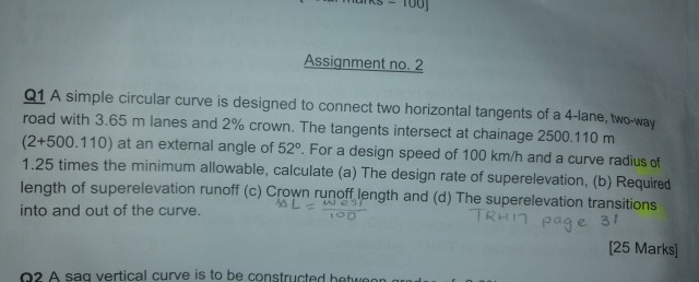 Assignment no. 2 Q1 A simple circular curve is | Chegg.com
