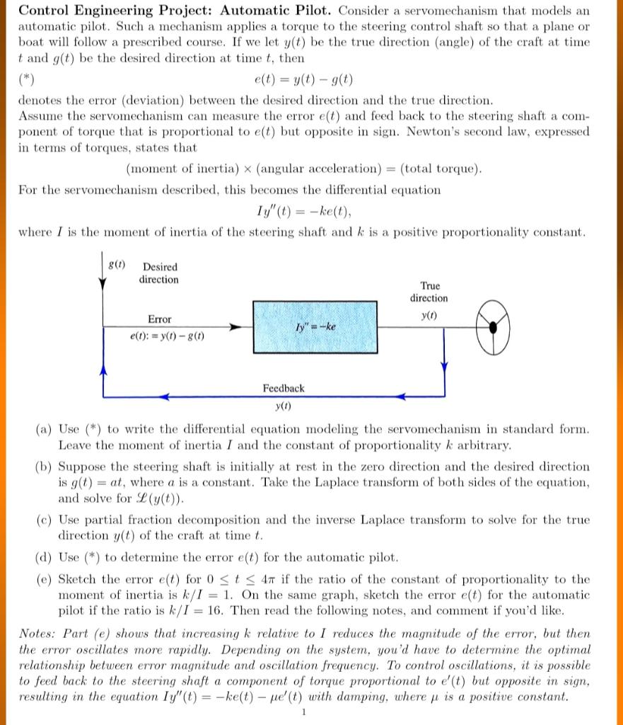 Control Engineering Project: Automatic Pilot. | Chegg.com